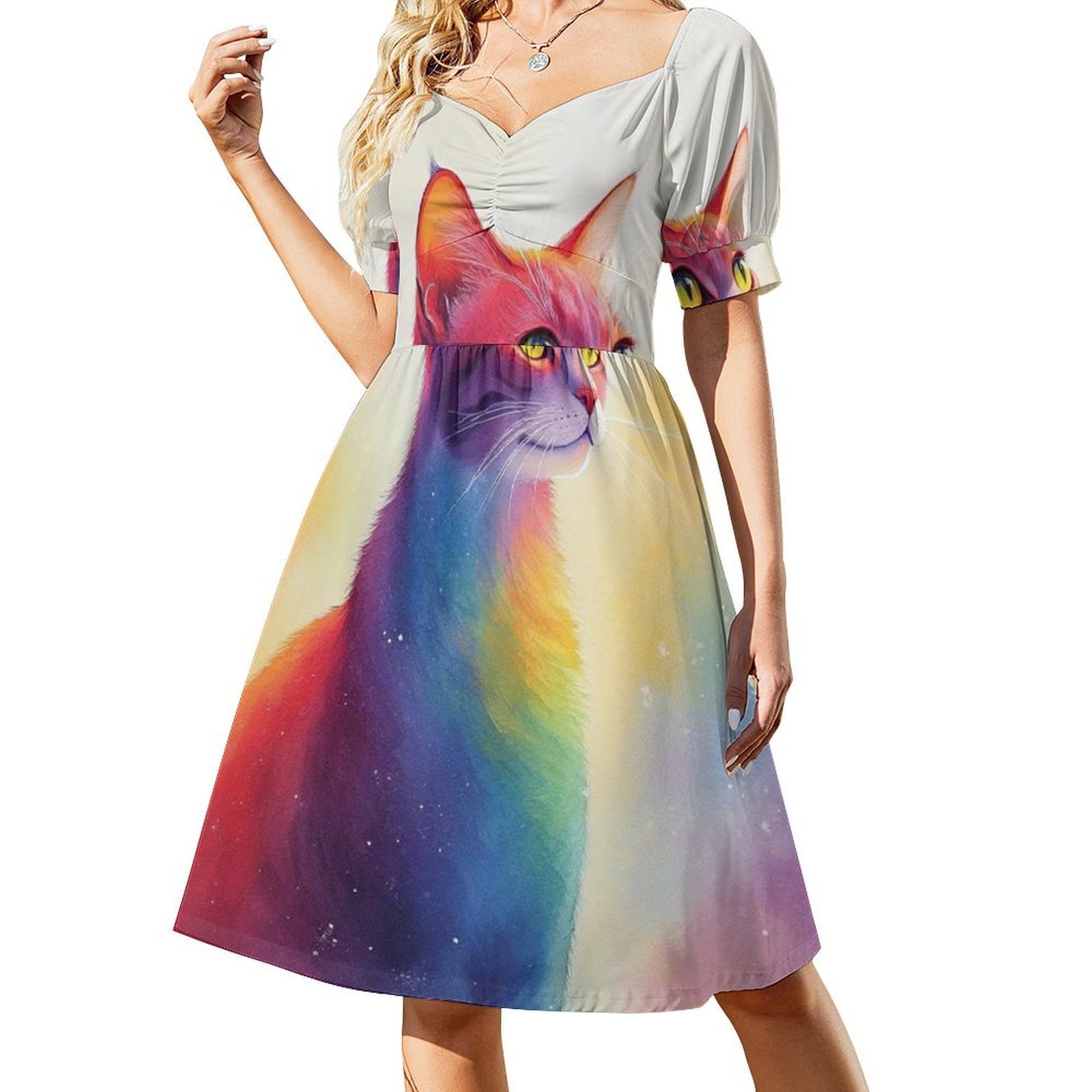 Rainbow Colored Cat Short Sleeve Dress Clothes Women's Summer Dress ...