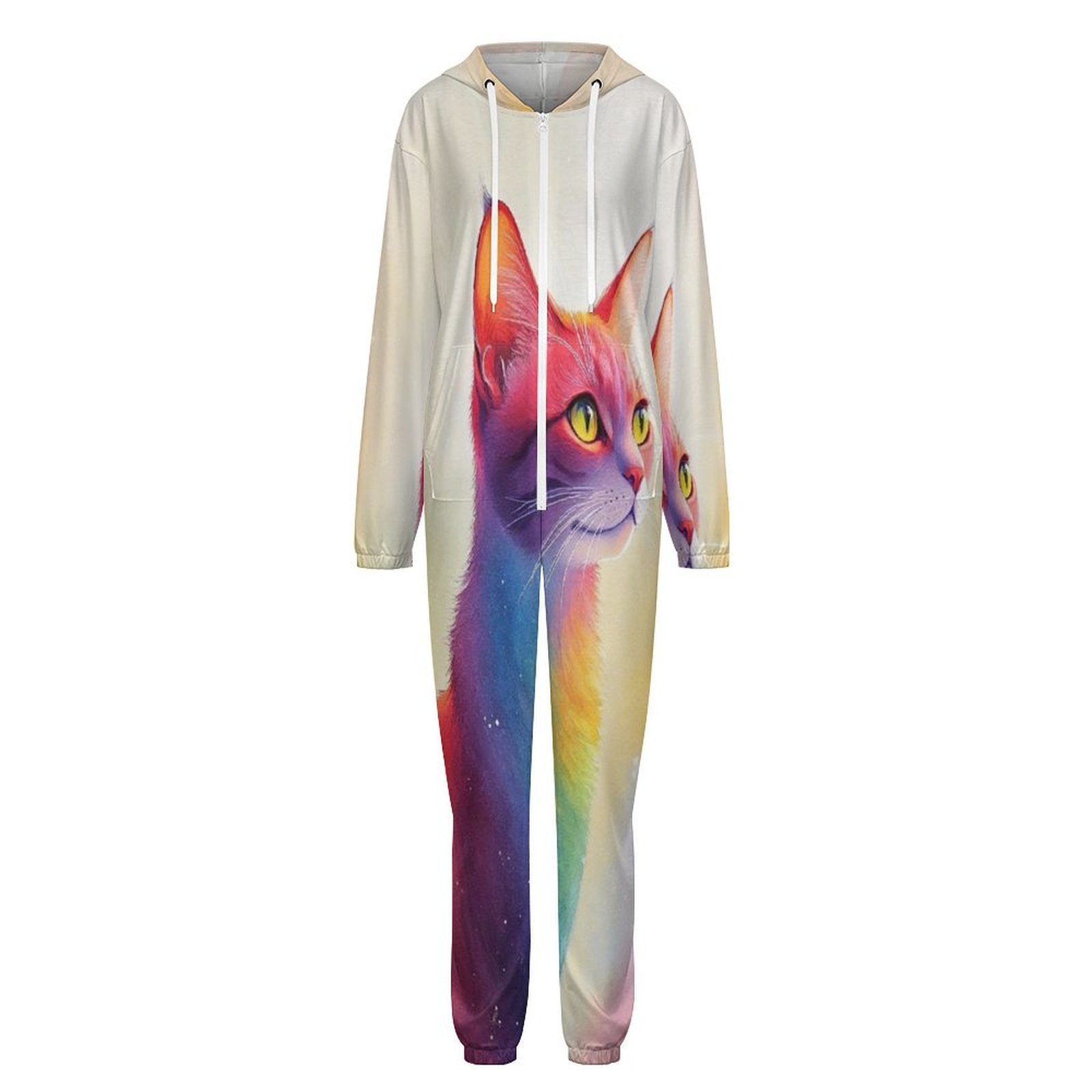 Rainbow Colored Cat Unisex Adult Onesie Pajamas with Pockets for Women ...