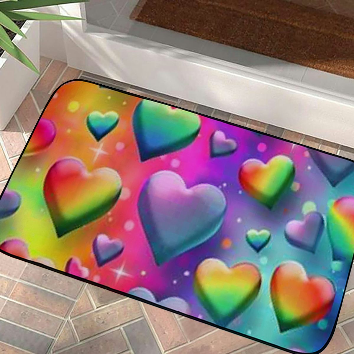 Rainbow-Colored Love Hearts Print Doormat,Entry Mat/Garage, Patio ...