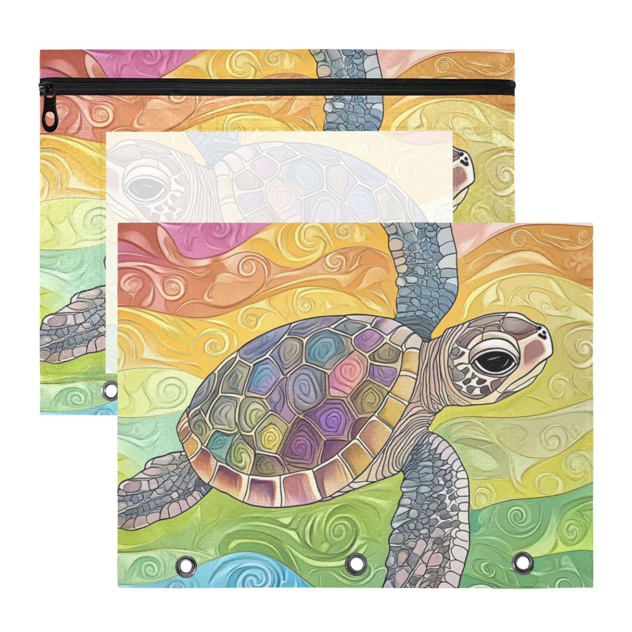 Rainbow Colored Waves Sea Turtle 3-Ring Binder Pouches A4 Size Zipper ...