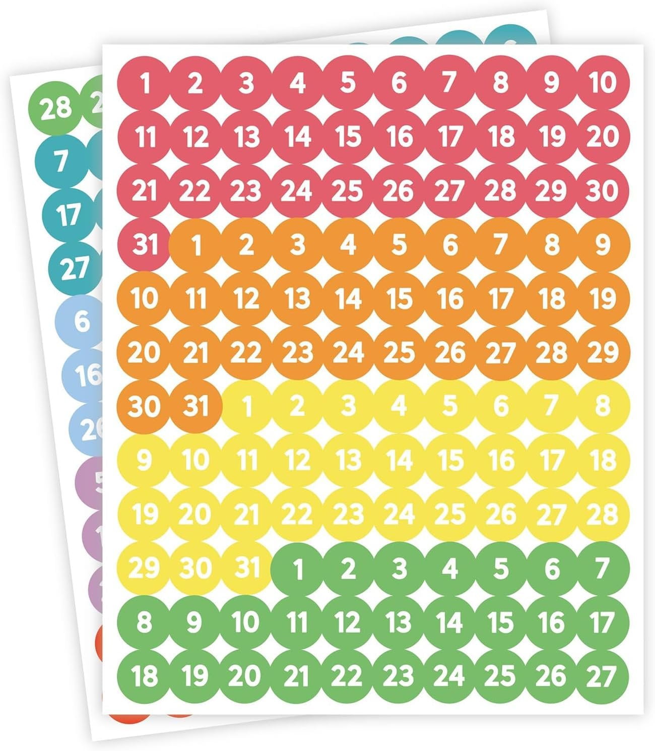 Rainbow Colorful Number Stickers 1 to 31 Round Planner Calendar Date ...