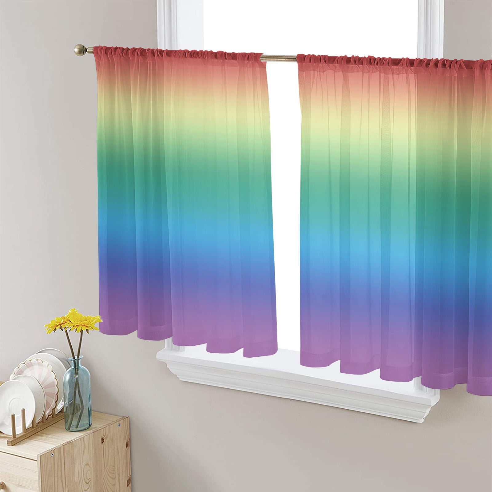 Rainbow Colors Ombre Cream Sheer Curtains 54 Inch Length 2 Panels Set ...