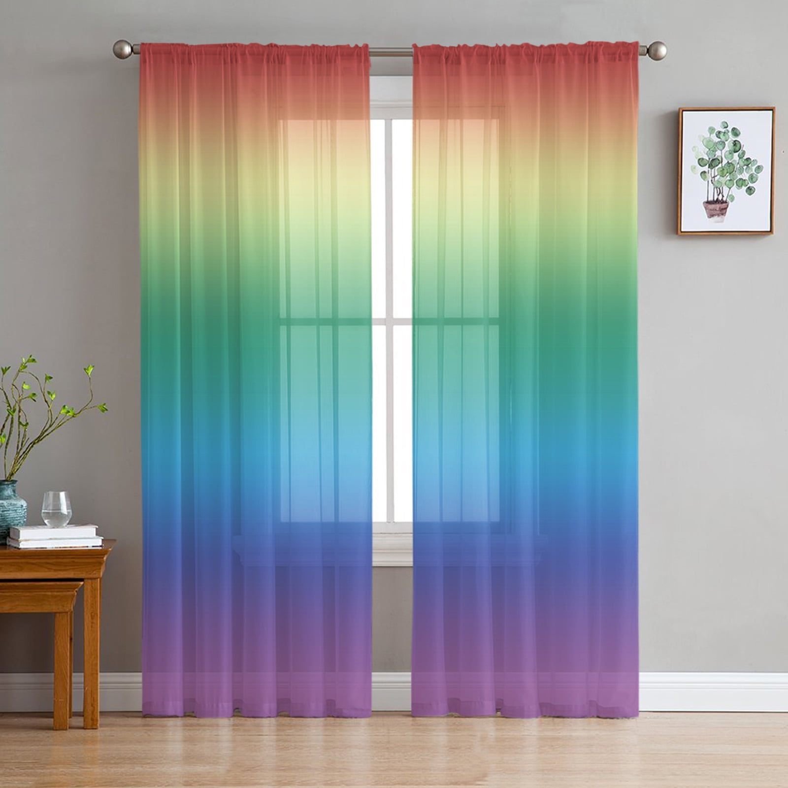 Rainbow Colors Ombre Cream Sheer Curtains 96 Inch Length 2 Panels Set ...
