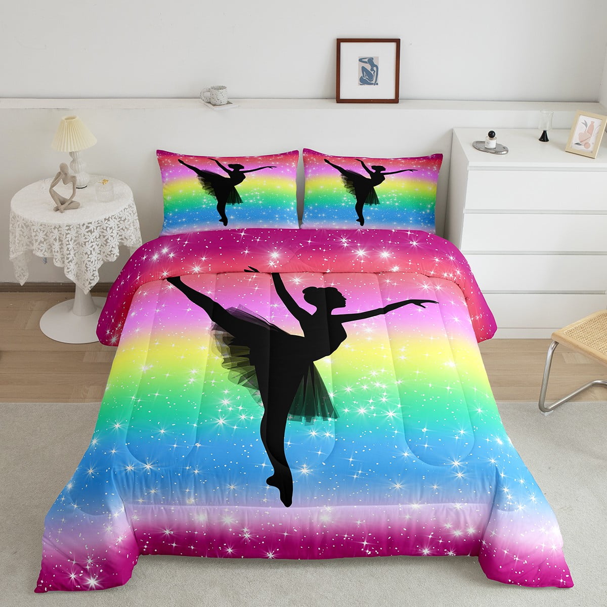 Rainbow Comforter Set For Girls, Ballet Decor Bedding Set Dancing ...