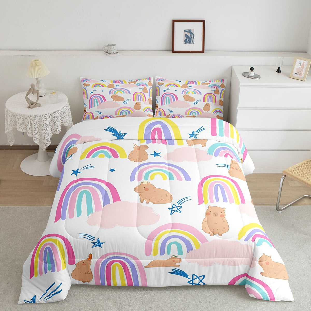 Rainbow Comforter Set, Cartoon Capybara Bedding Set Full Kawaii Rodent ...