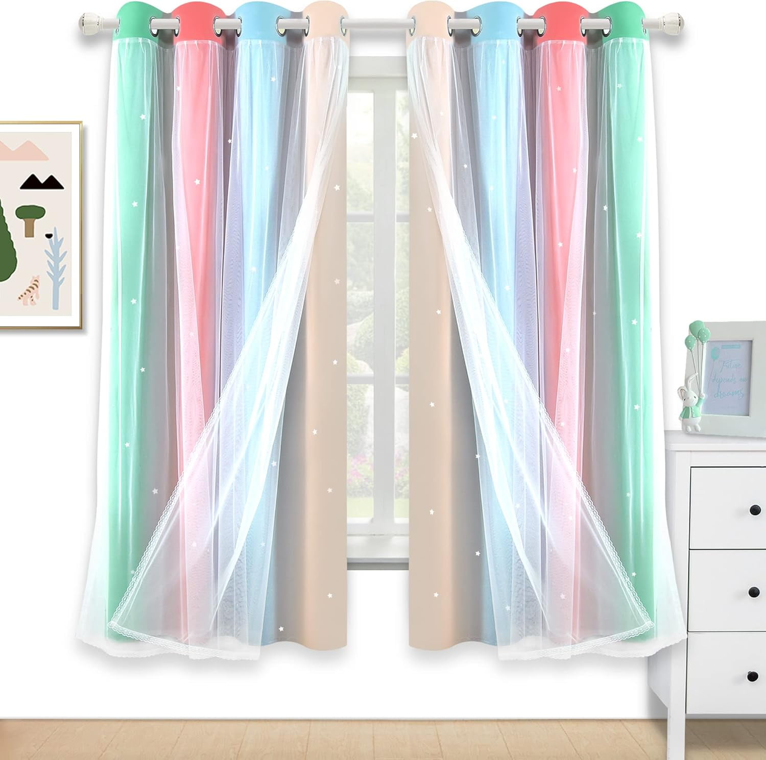 Rainbow Curtain with Sheer Overlay for Nursery/Kids/Girls Room - Star ...