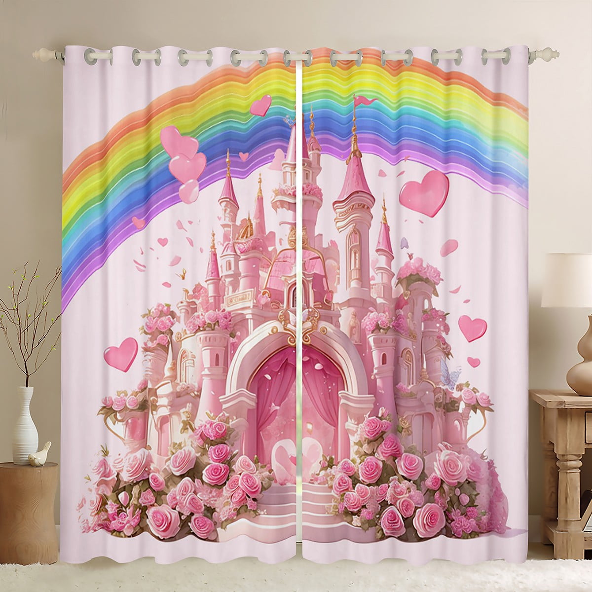 Rainbow Curtains for Girls Kids Cute Cartoon Castle Blackout Curtains ...