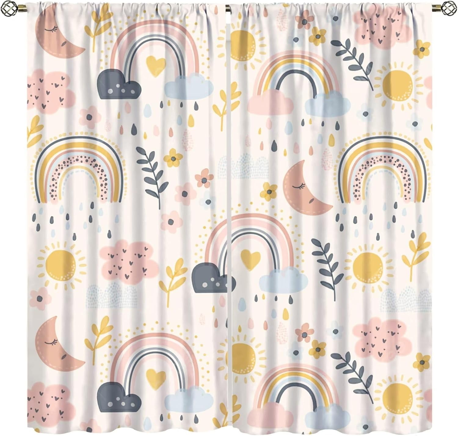 Rainbow Curtains for Kids Boho Nursery Colorful Floral Sun Star Clouds ...