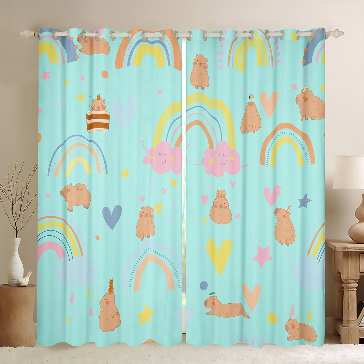 Rainbow Curtains, Capybara Blackout Curtains 42"Wx84"L Kawaii Pet ...