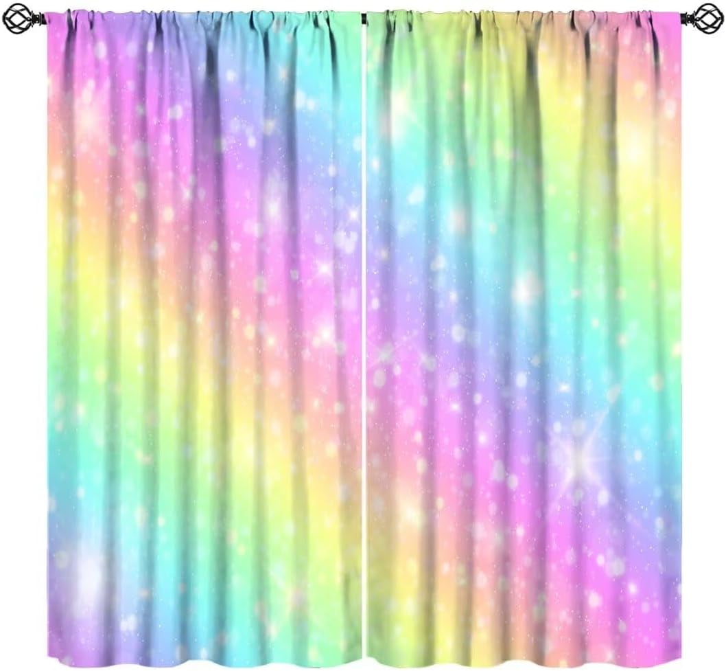 Rainbow Curtains, Tie Dye Pastel Colorful Sky Stars Cartoon Window ...