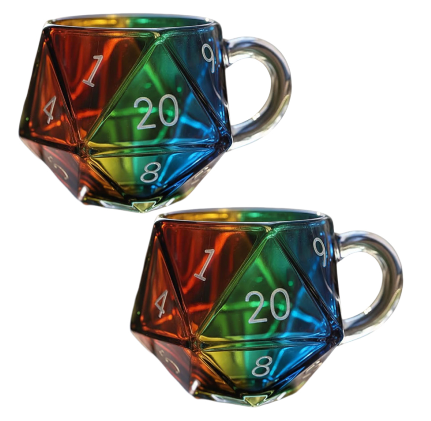 Rainbow D20 Dice Mug 5.12in, 11oz Capacity, Glass, Polyhedral Dice ...