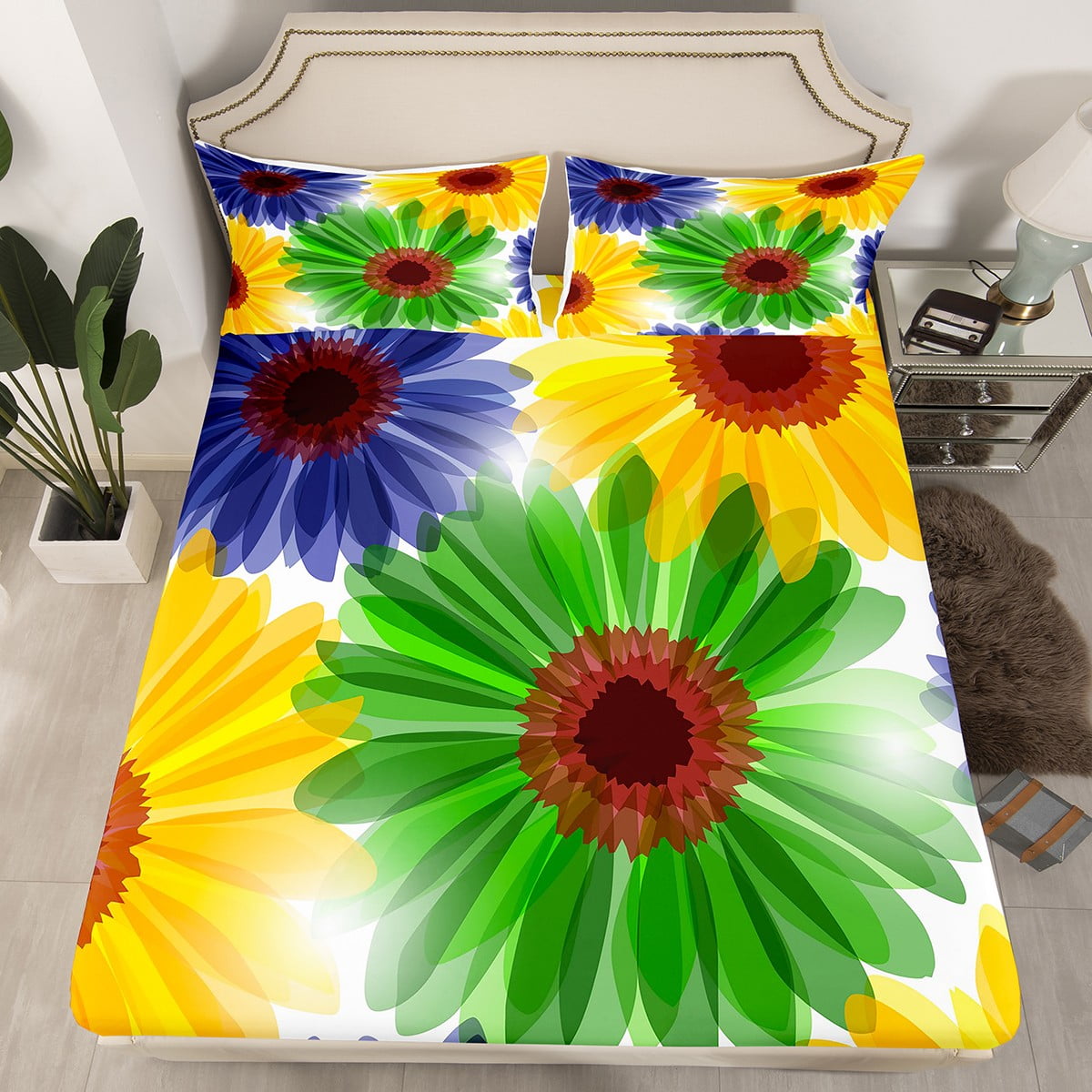 Rainbow Daisy Bed Sheets Watercolor Flowers Fitted Sheet Twin for Girls ...