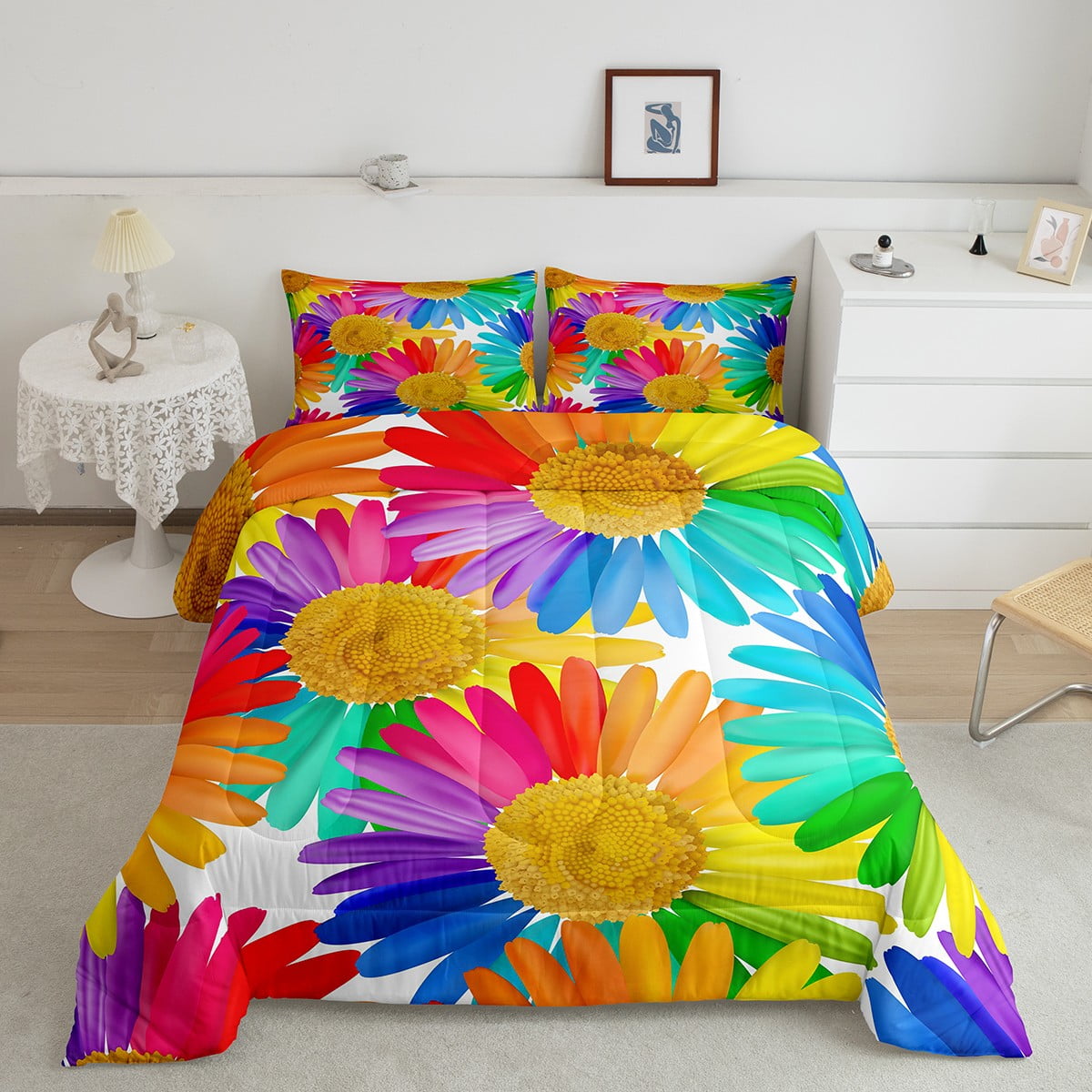Rainbow Daisy Comforter Set Watercolor Flowers King Bedding Set ...