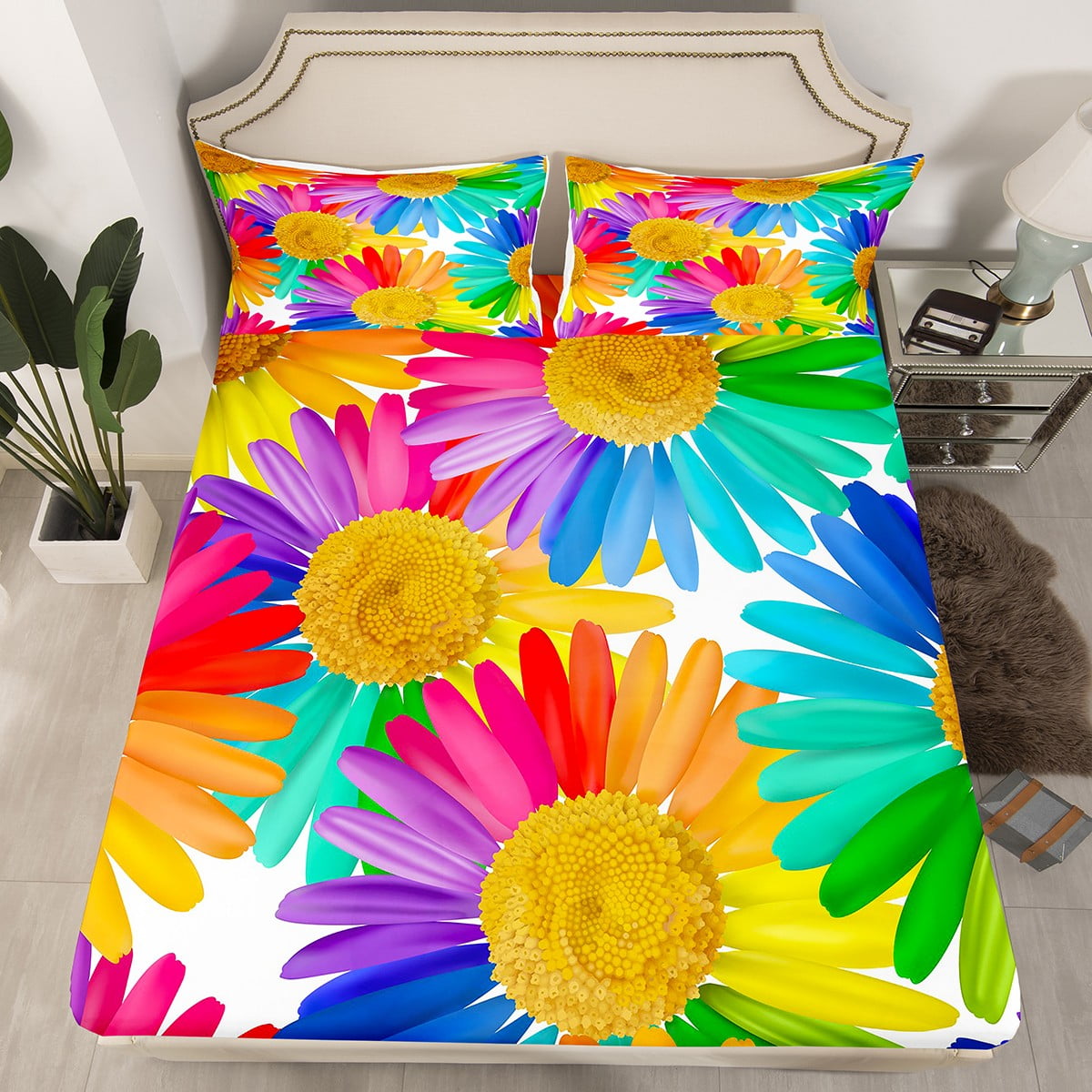 Rainbow Daisy Fitted Sheet Watercolor Flowers Queen Bed Sheets ...