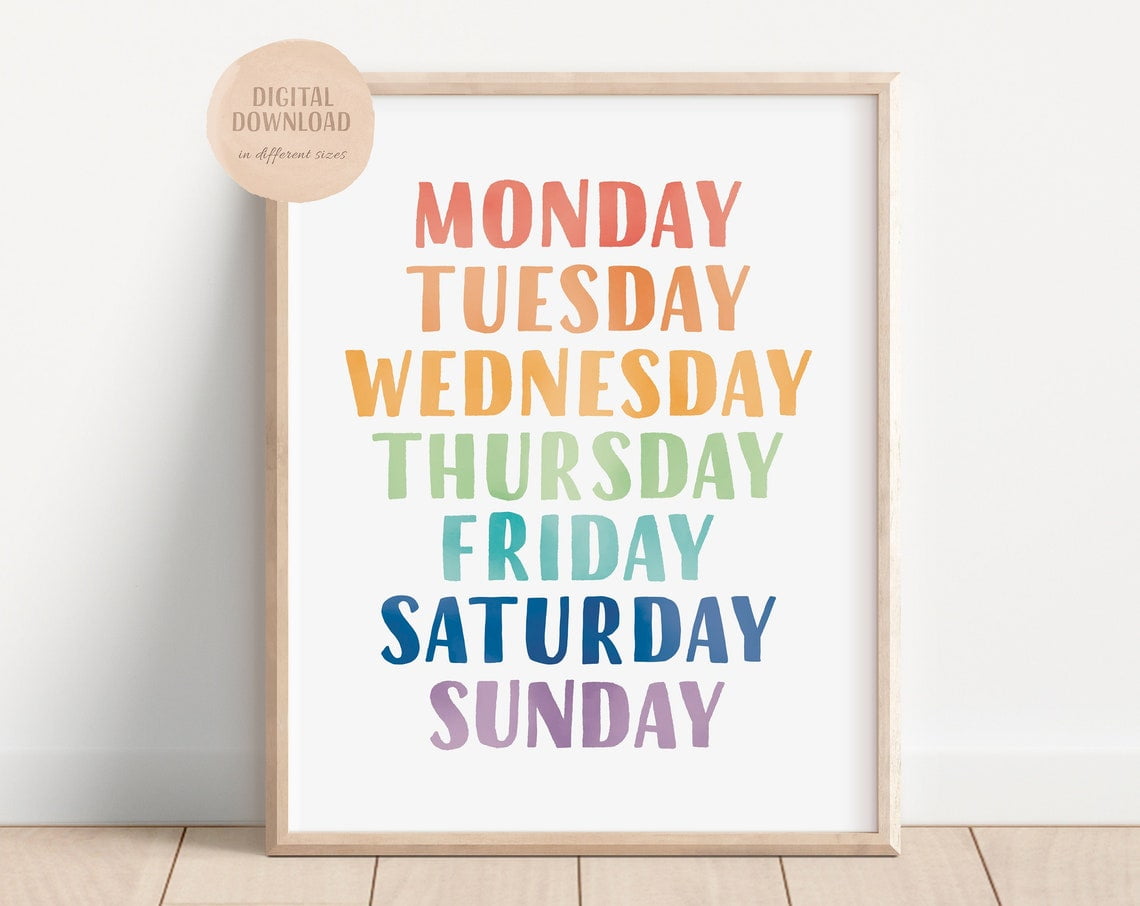 Rainbow Days Of The Week, Playroom Educational Poster, Rainbow Nursery ...