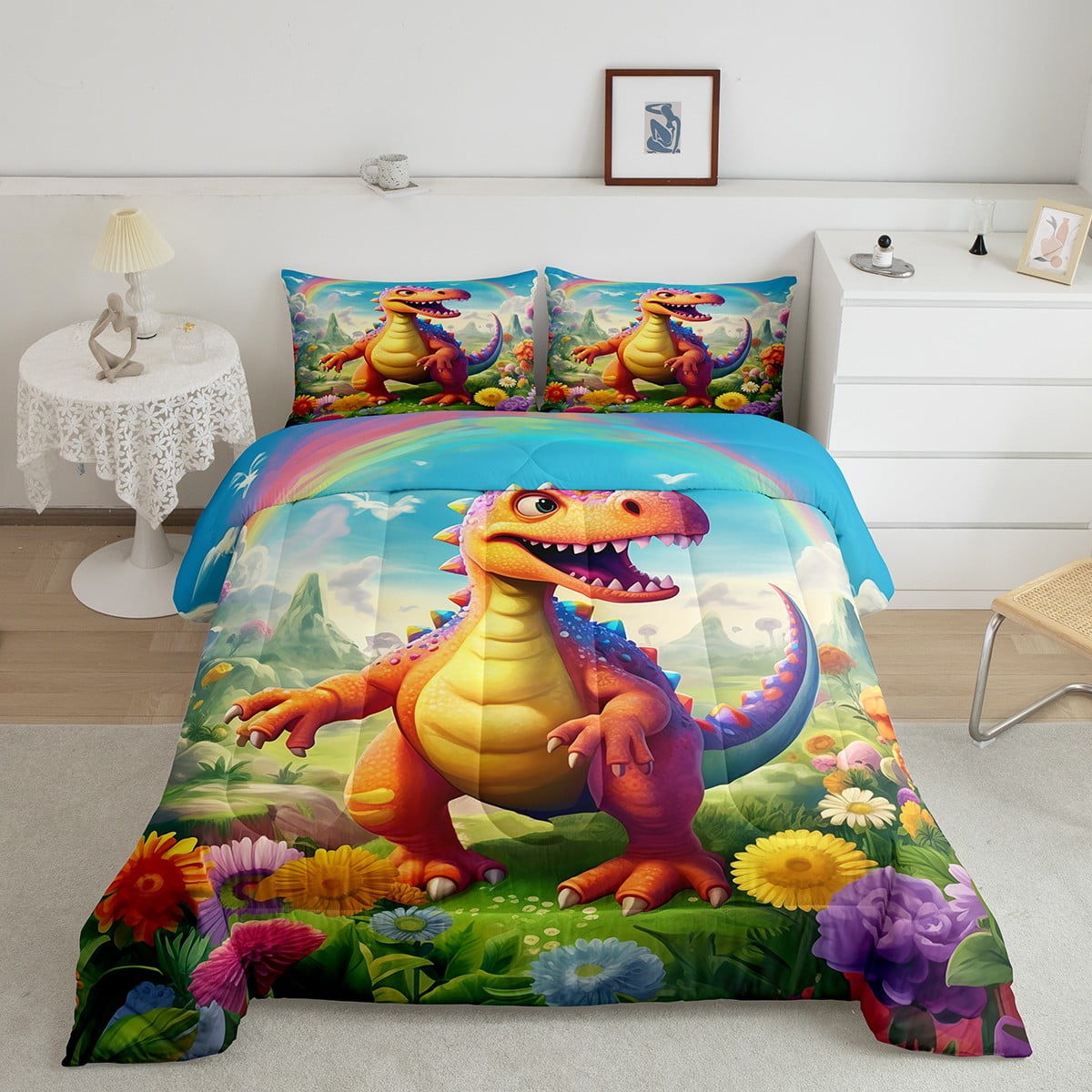 Rainbow Dinosaur Comforter Set Kawaii Dino Queen Bedding Sets,Watercolor Flowers Quilt Cartoon ...