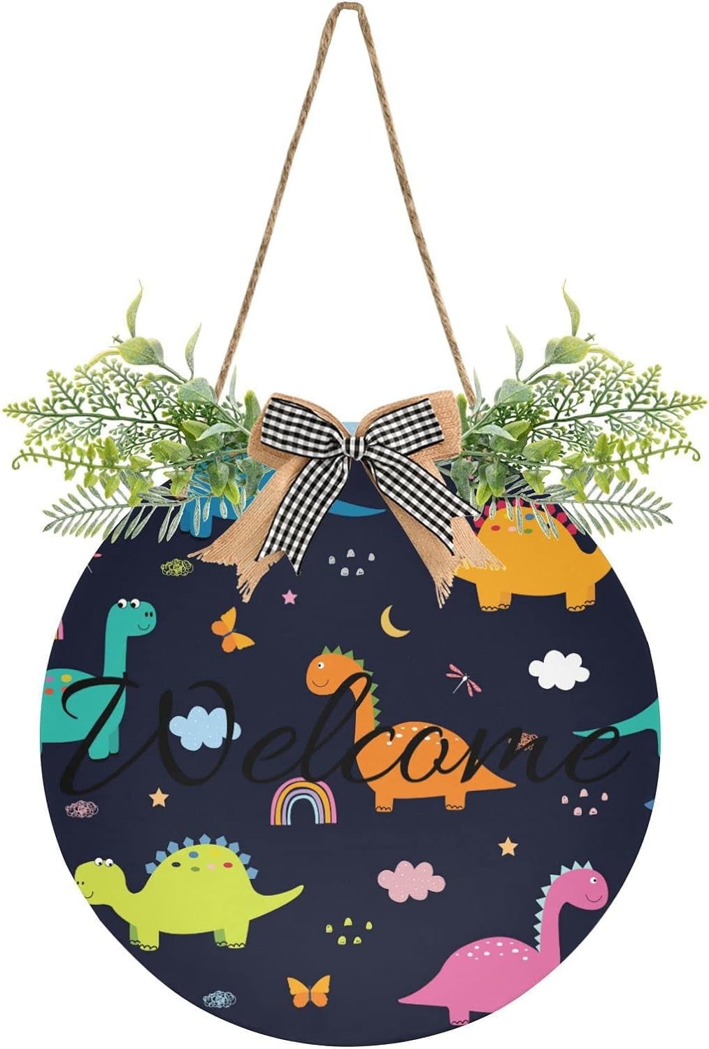 Rainbow Dinosaur Welcome Sign for Front Door, Round Sign Hanging ...