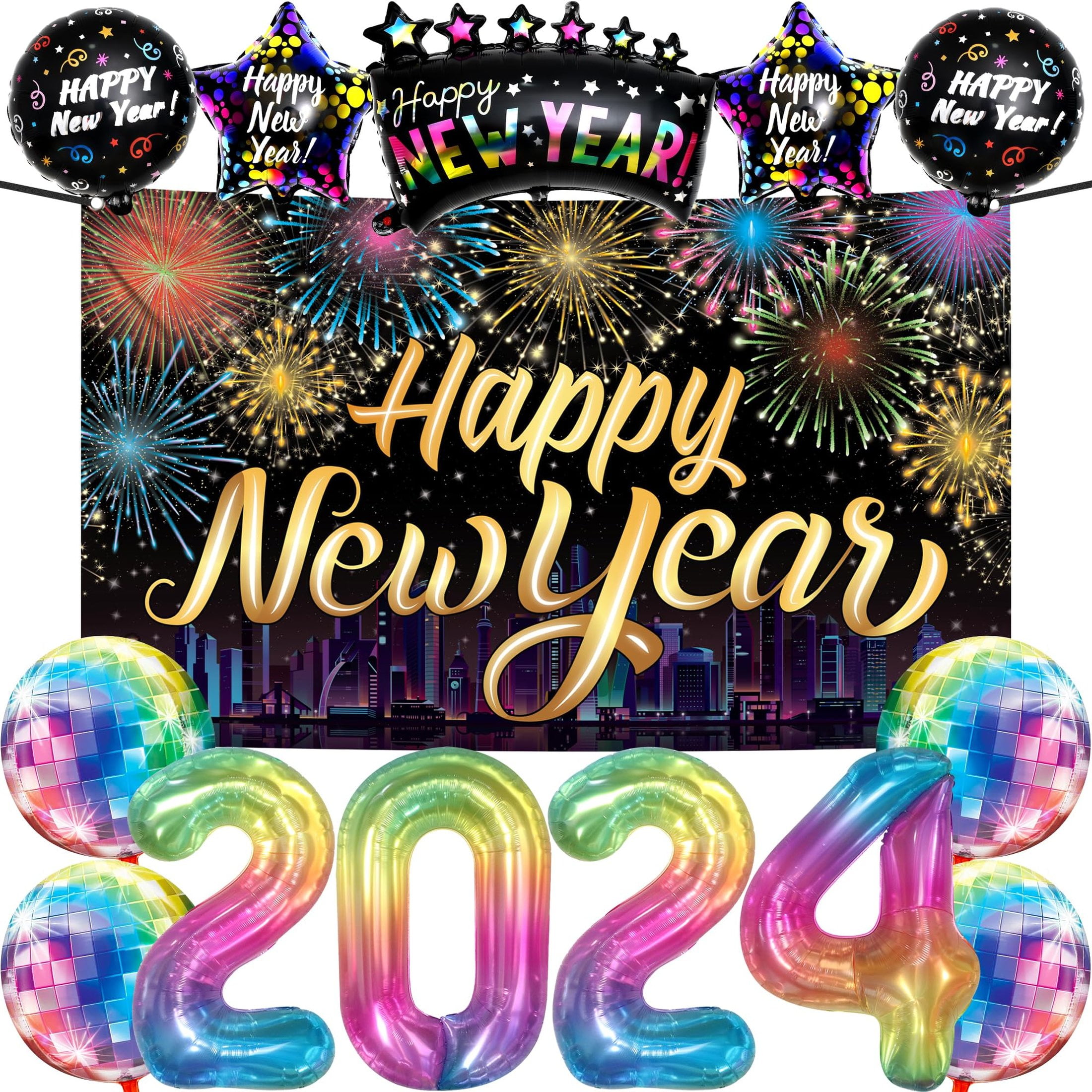 Rainbow Disco Ball New Year's Eve Party Pack - 16 Rainbow 2024 Balloons ...