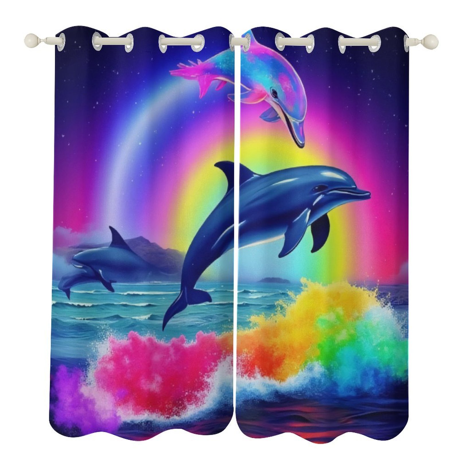 Rainbow Dolphins Ocean Fantasy 2 Panels 3D Printing Pattern Curtain for ...