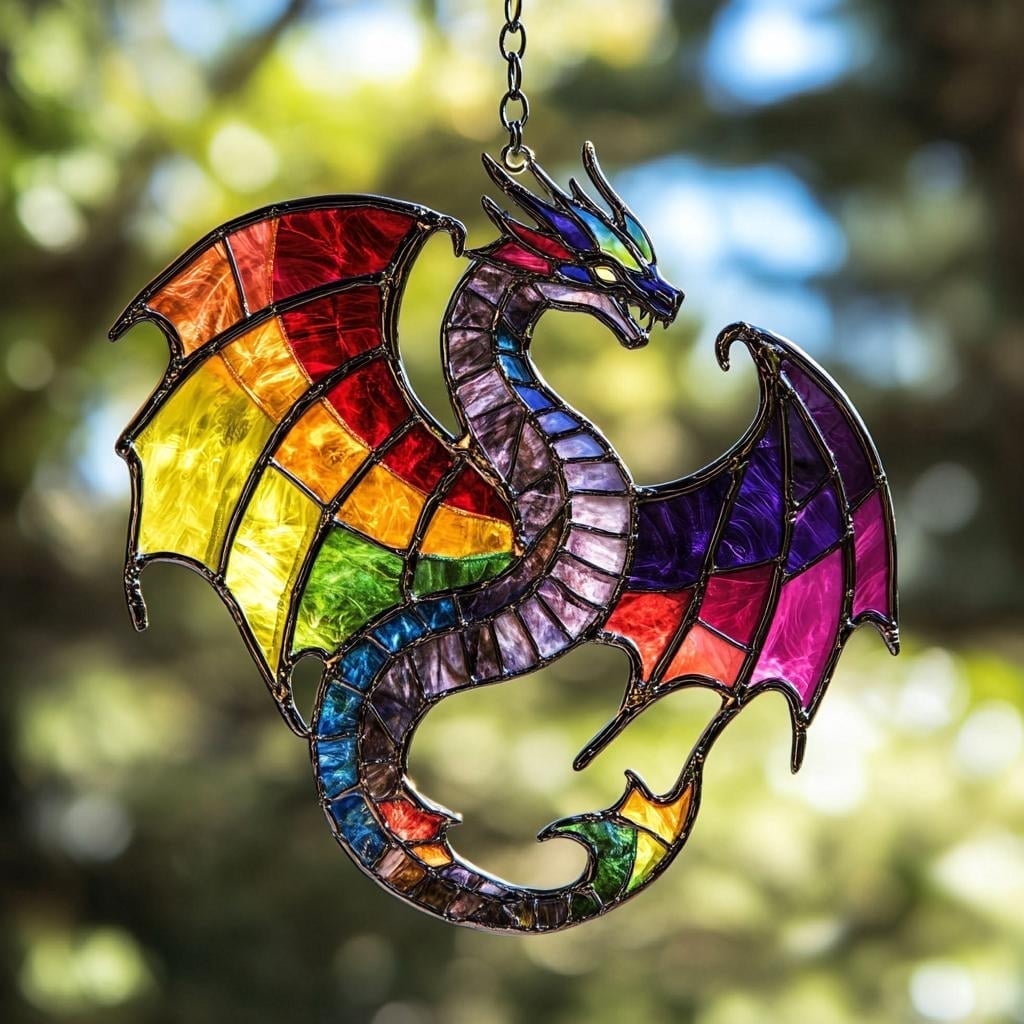 Rainbow Dragon Acrylic Suncatcher Fantasy Dragon Faux Stained Glass ...
