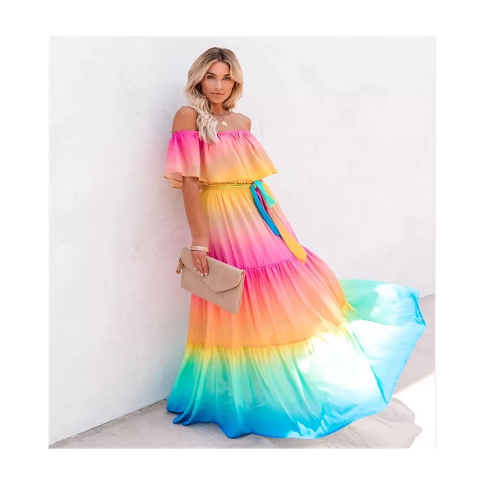 Rainbow Maxi Dress Off Shoulder Ribbon Belt Tiered Billowing Hem ...