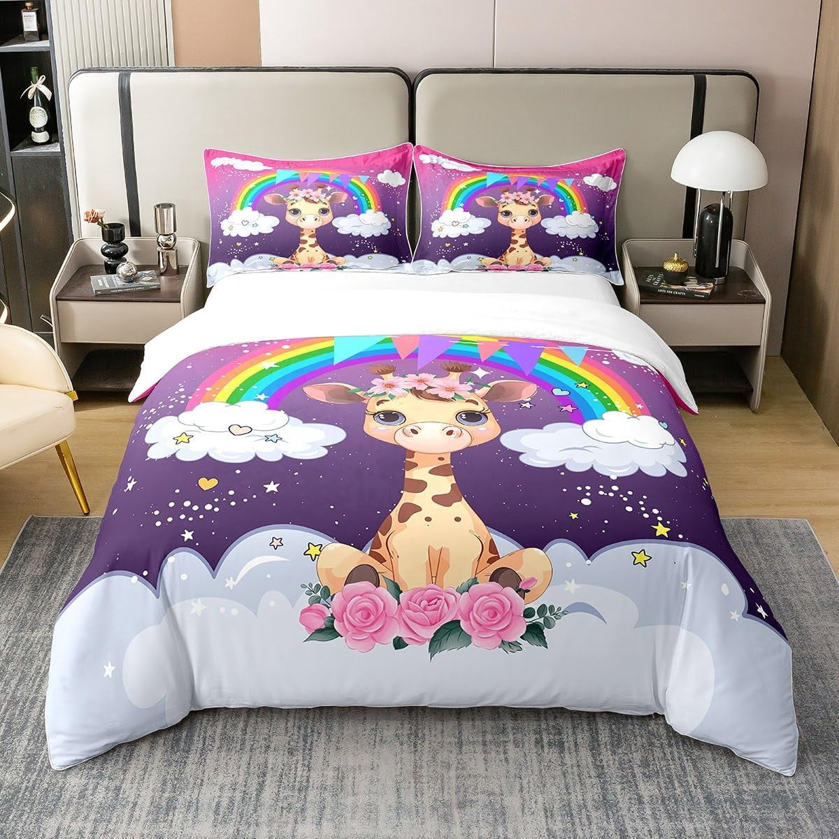 Rainbow Duvet Cover,Cartoon Animal Giraffe Bedding Set for Kids Girls ...