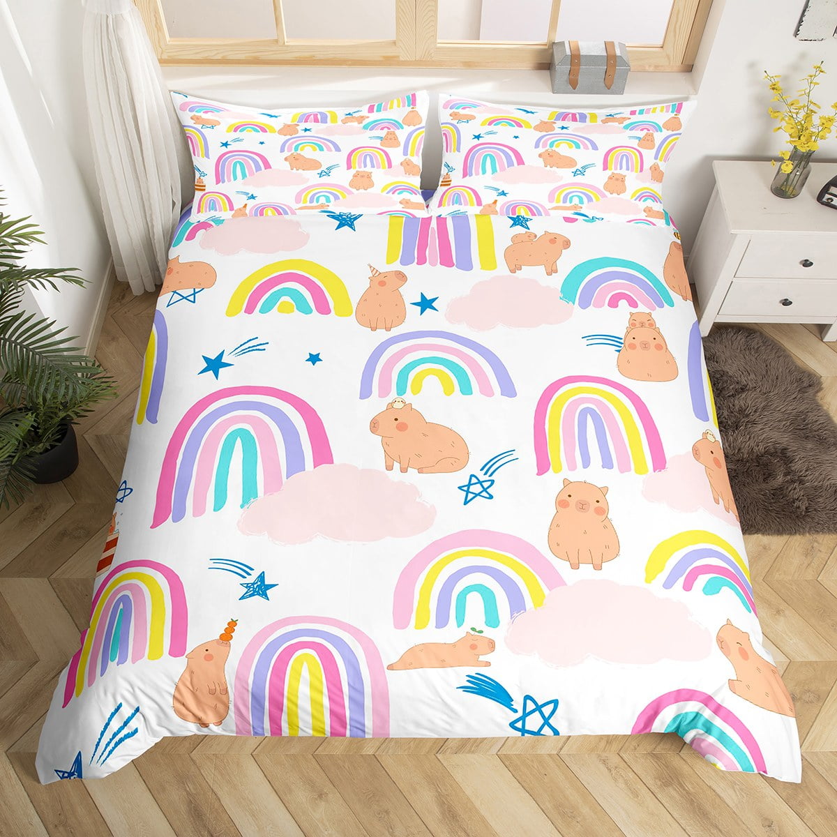 Rainbow Duvet Cover For Girls Kids, Cartoon Capybara Bedding Set King ...