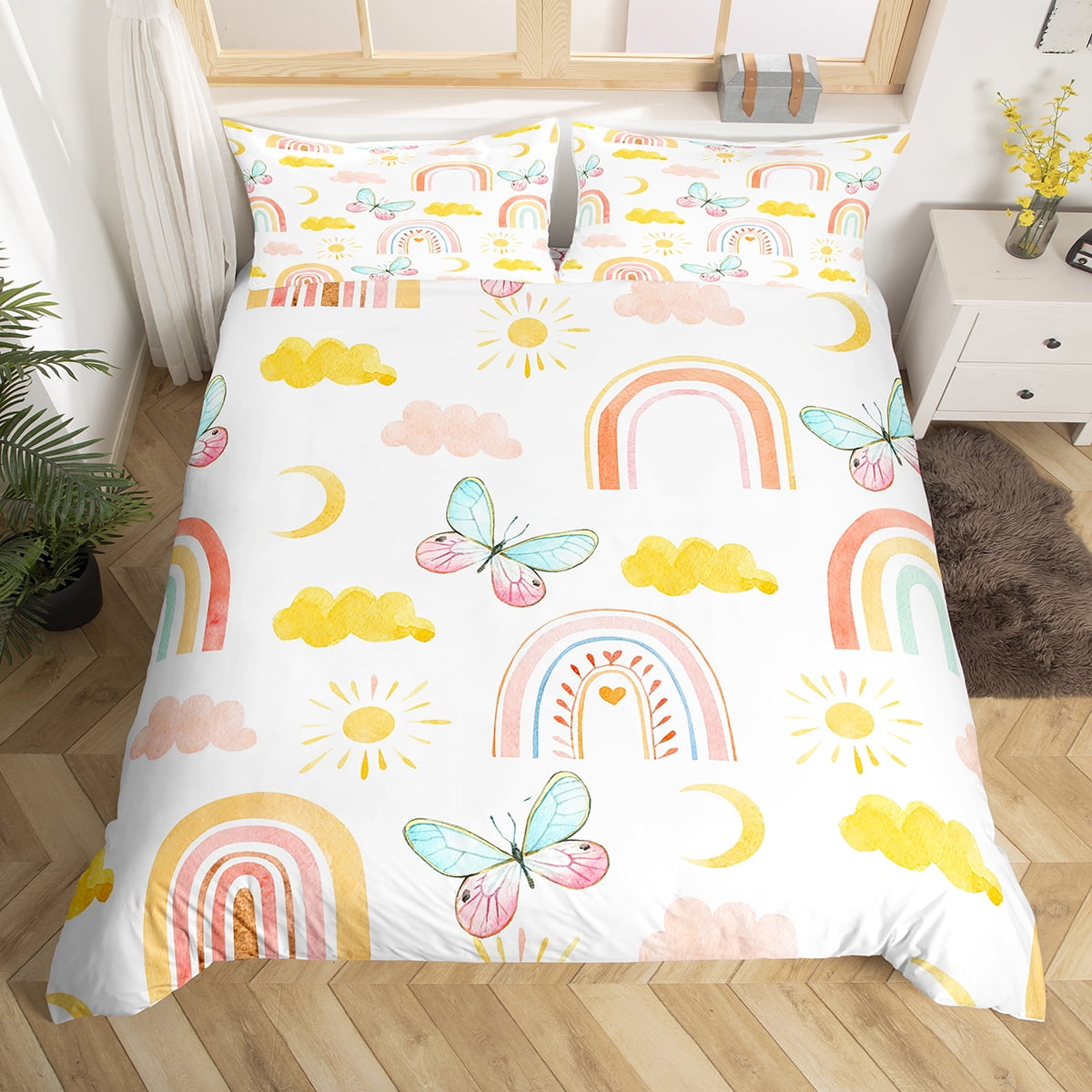 Rainbow Duvet Cover Queen, Girls Butterfly Bedding Sets, Cartoon ...