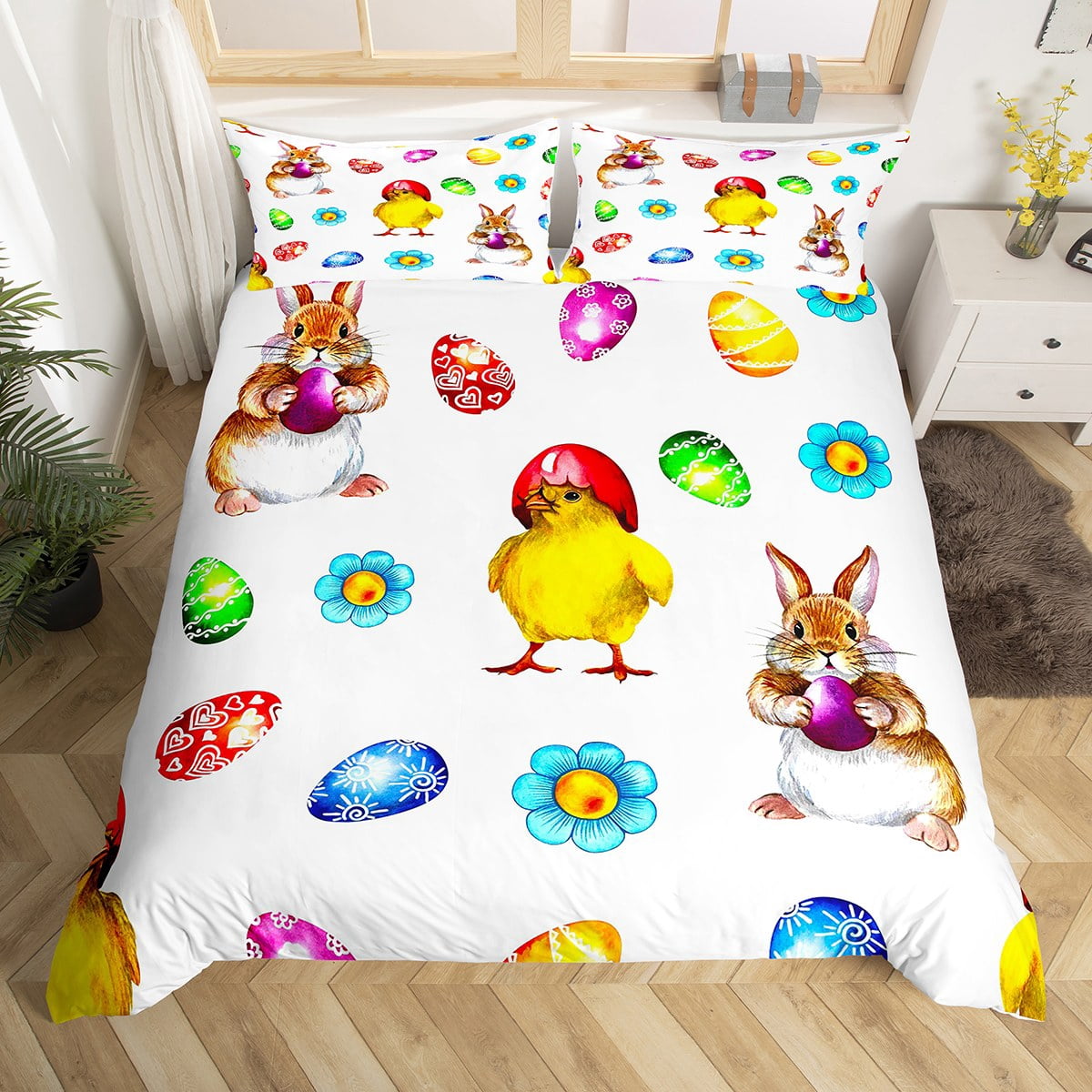 Rainbow Easter Eggs Duvet Cover Happy Easter Themed Rabbit Comforter ...