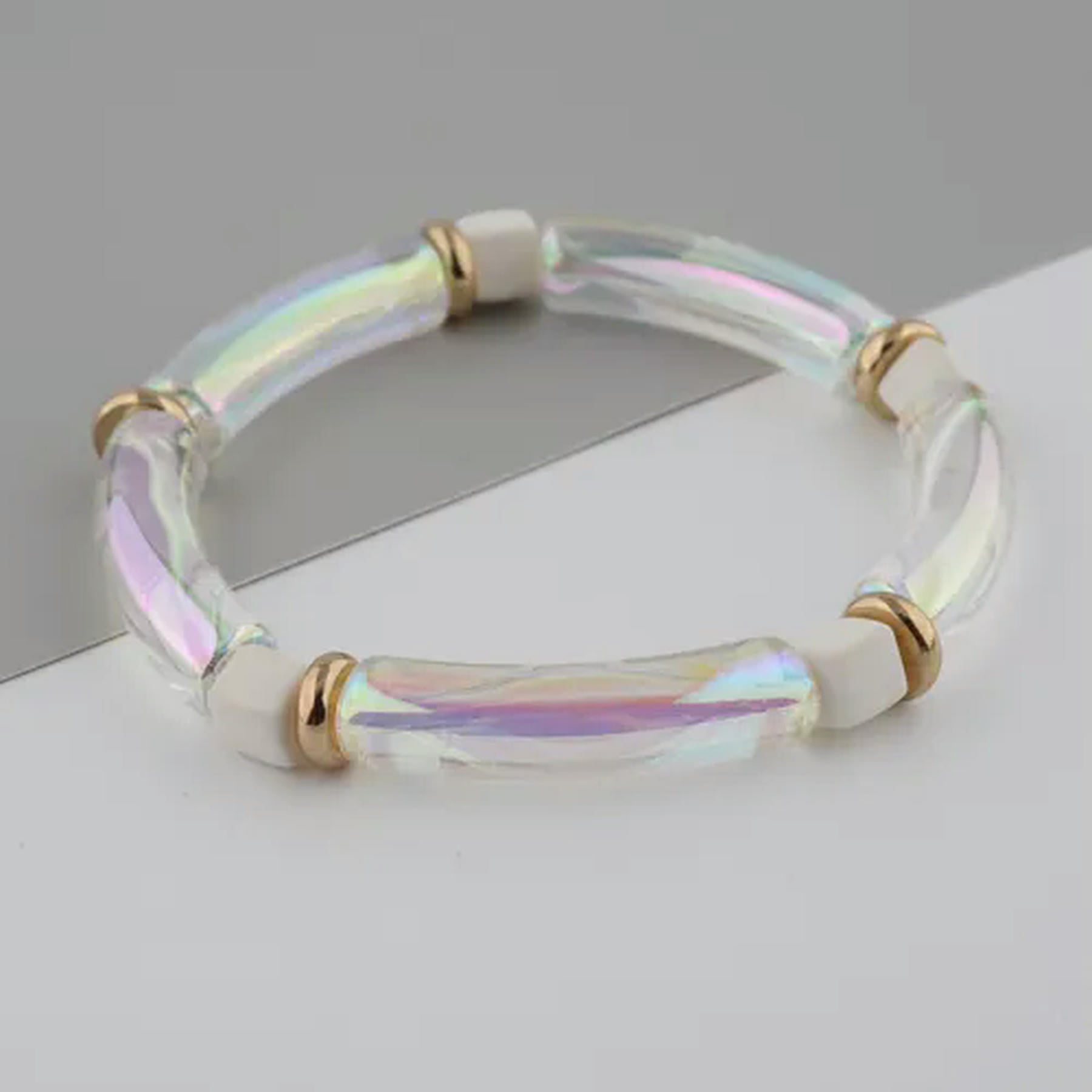Rainbow Elbow Bent Acrylic Tube Elastic Stretchy Bracelet Clay Square ...