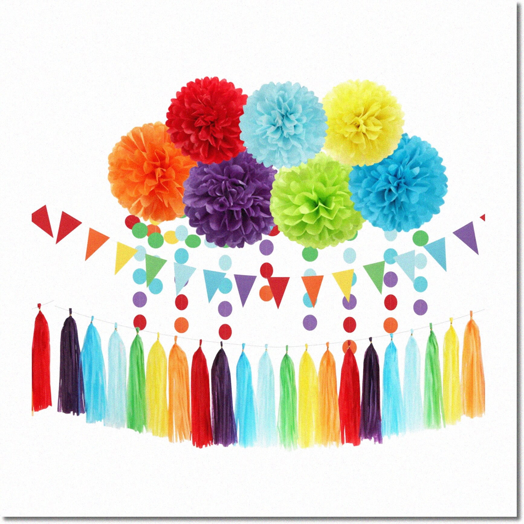 Rainbow Fiesta Fun Pack - 30pcs Tissue Pom Poms Streamers, Colorful Tel ...