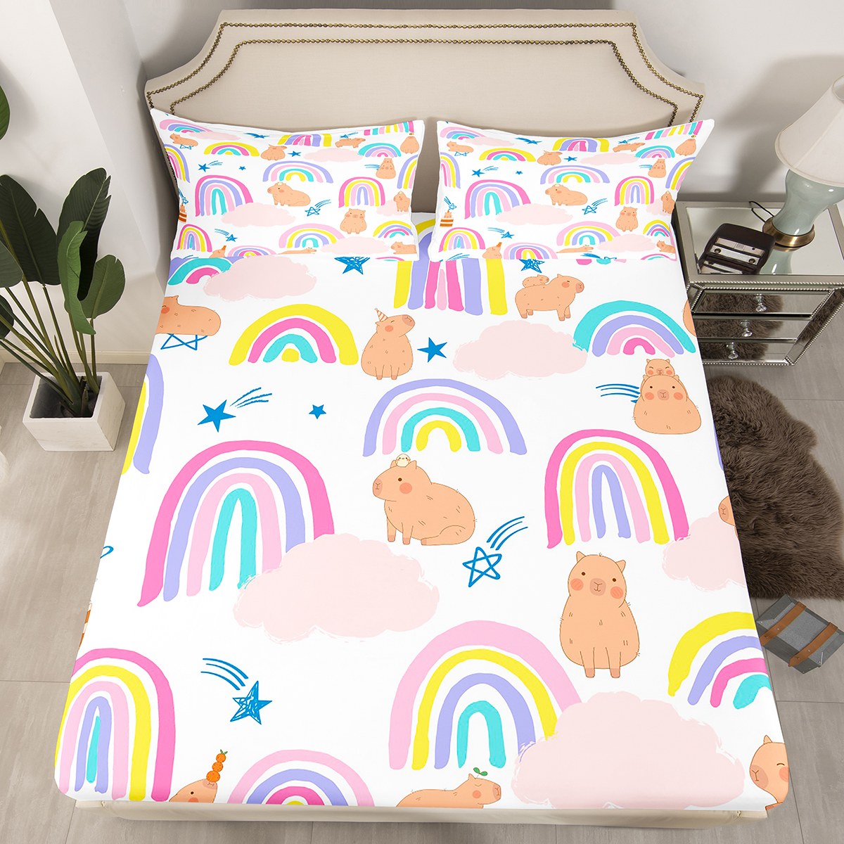 Rainbow Fitted Sheet For Girls Kids, Cartoon Capybara Bedding Set Queen ...