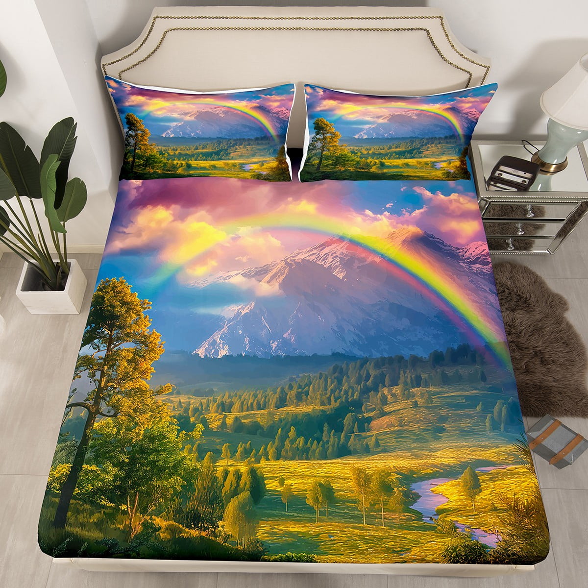 Rainbow Fitted Sheet Jungle Trees Bed Sheets Full,Chic Nature Art ...