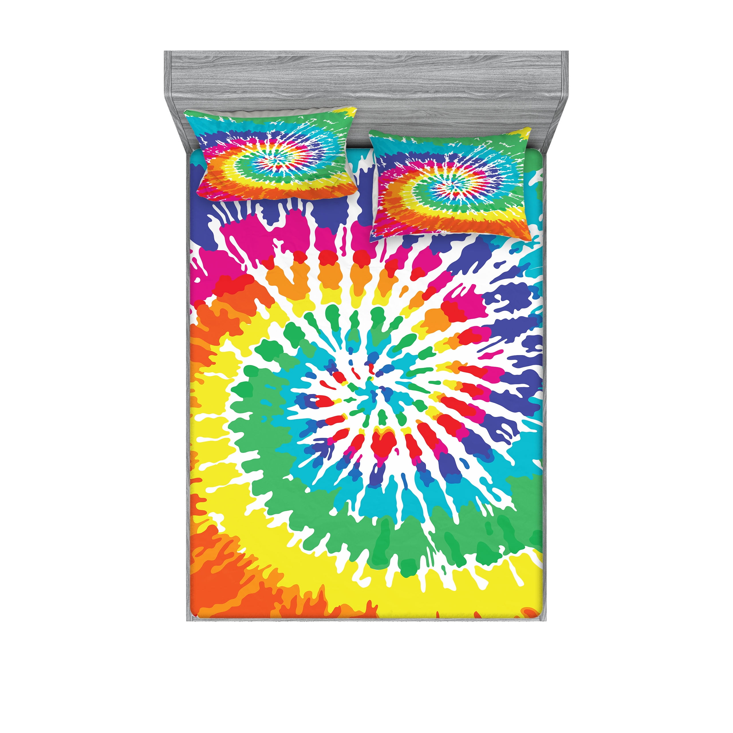 Rainbow Fitted Sheet & Pillow Sham Set, Digital Spiral Vortex Vibrant ...