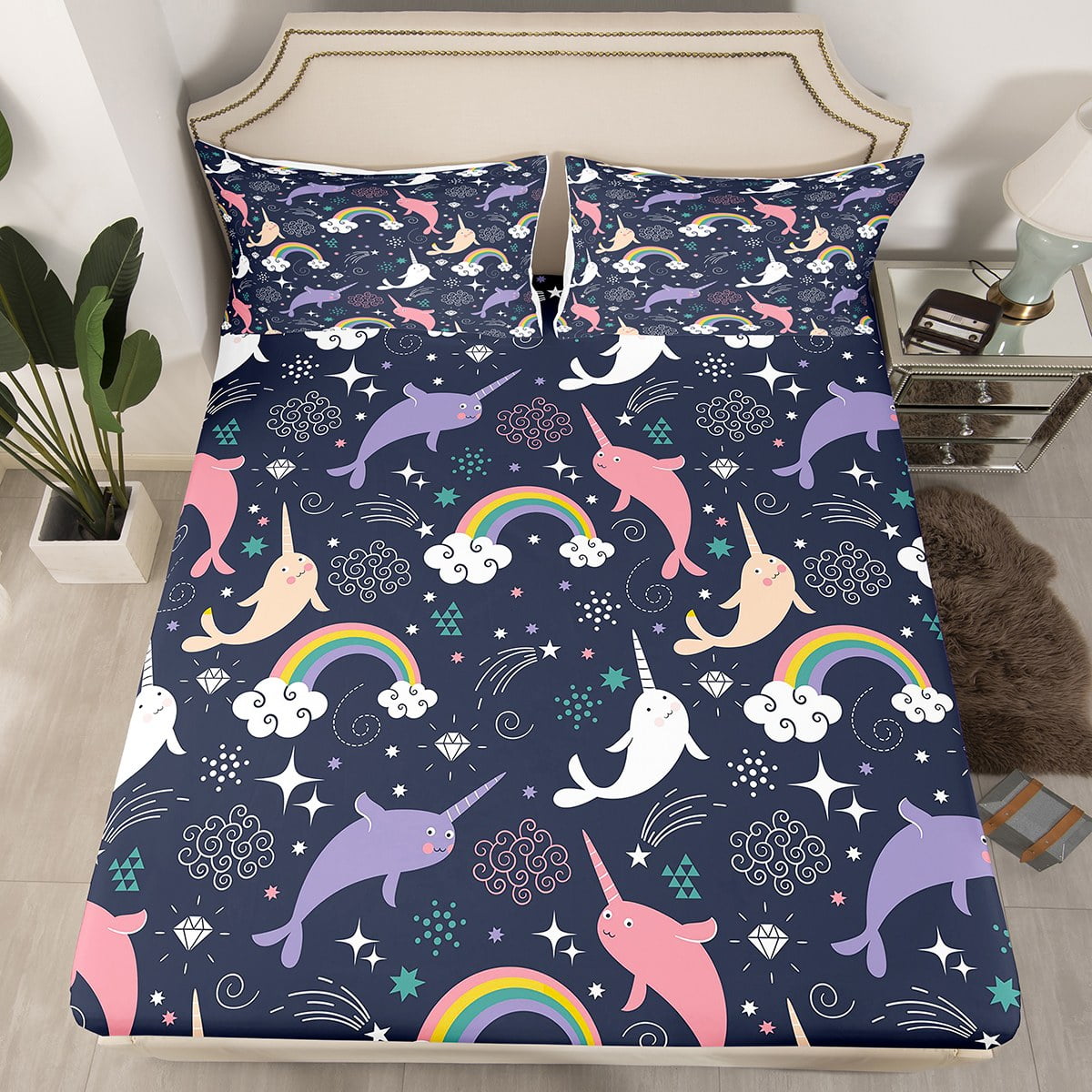 Rainbow Fitted Sheet Kawaii Room Decor,Unicorn Whale Bed Sheets Queen ...