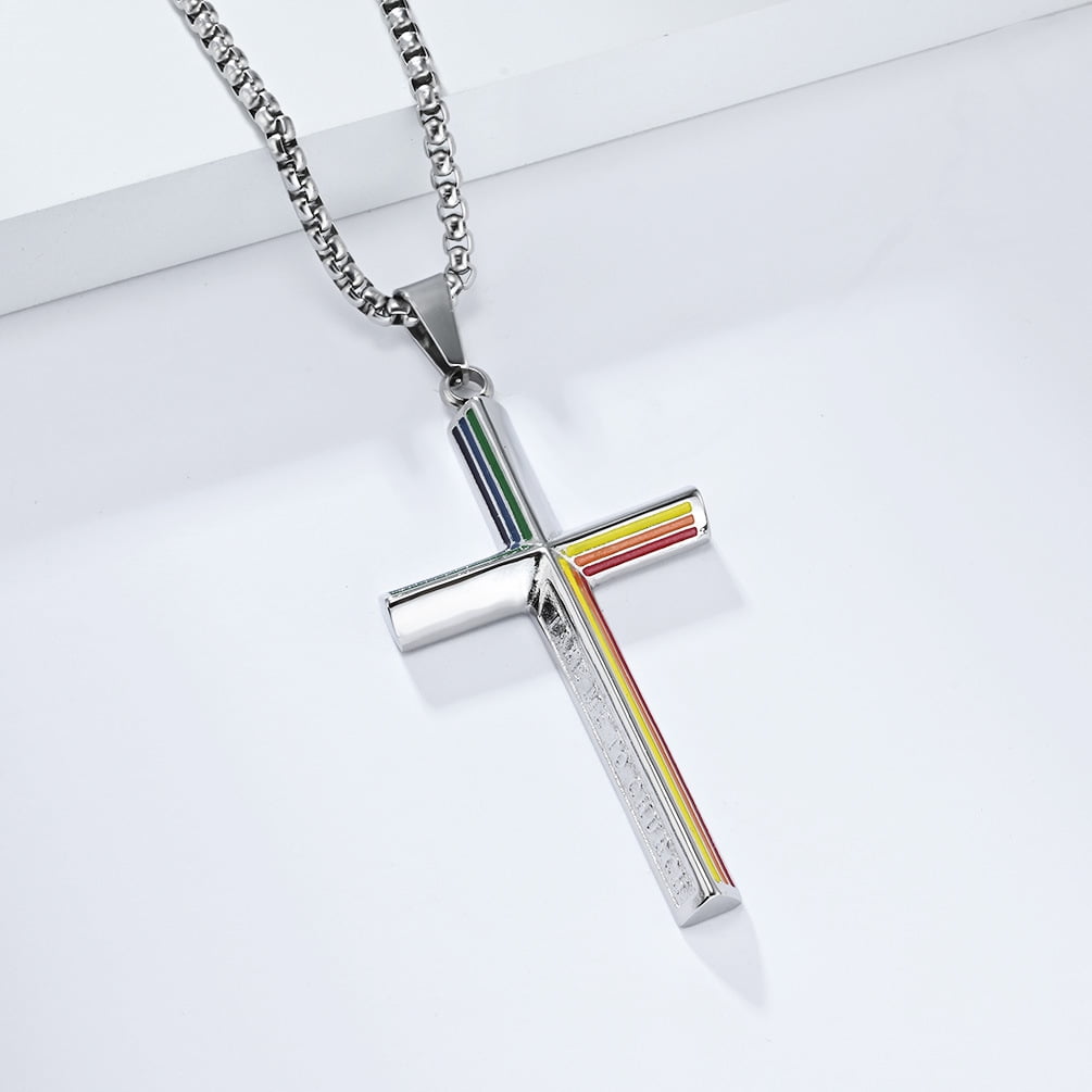 Rainbow Flag Cross Pendant,Men 14K White Gold Necklace,Christian Pray ...