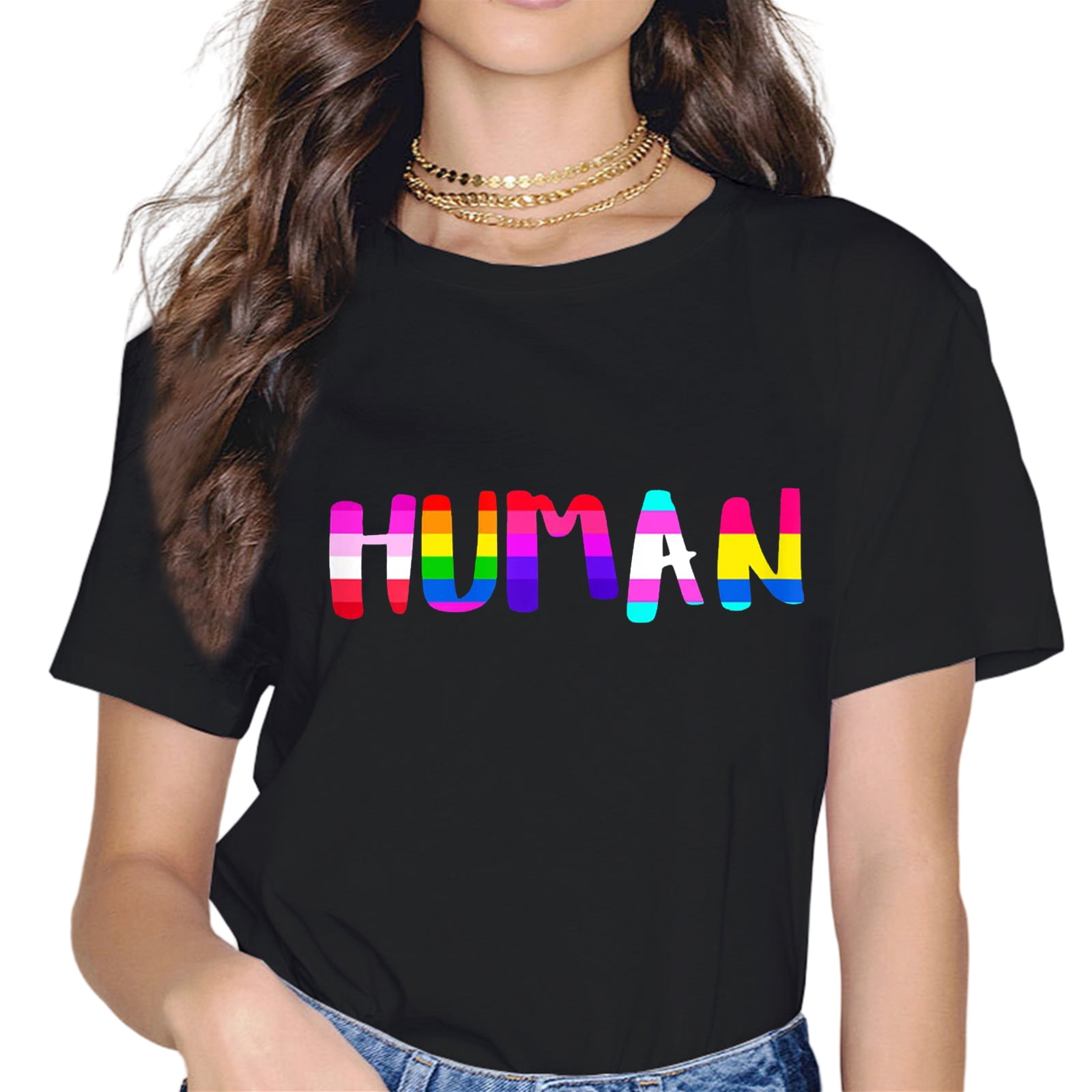 Rainbow Flag LGBTQ+ Women Fashion Short Sleeve Casual Round Neck Pride ...