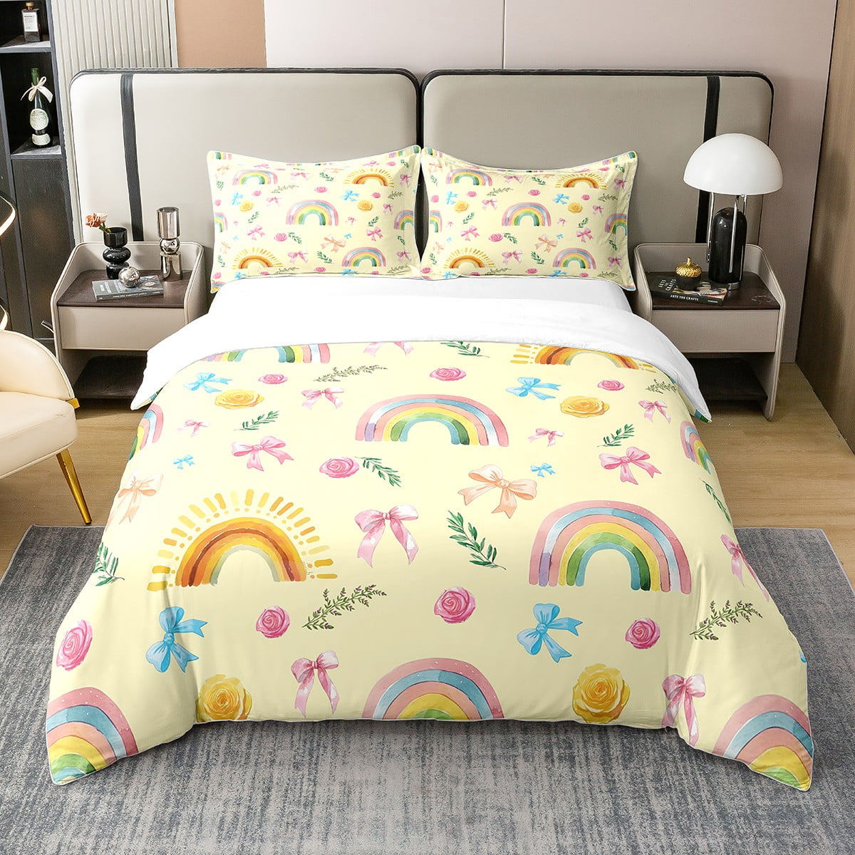 Rainbow Flower Comforter Cover Queen Princess Style Bowknot 100% ...
