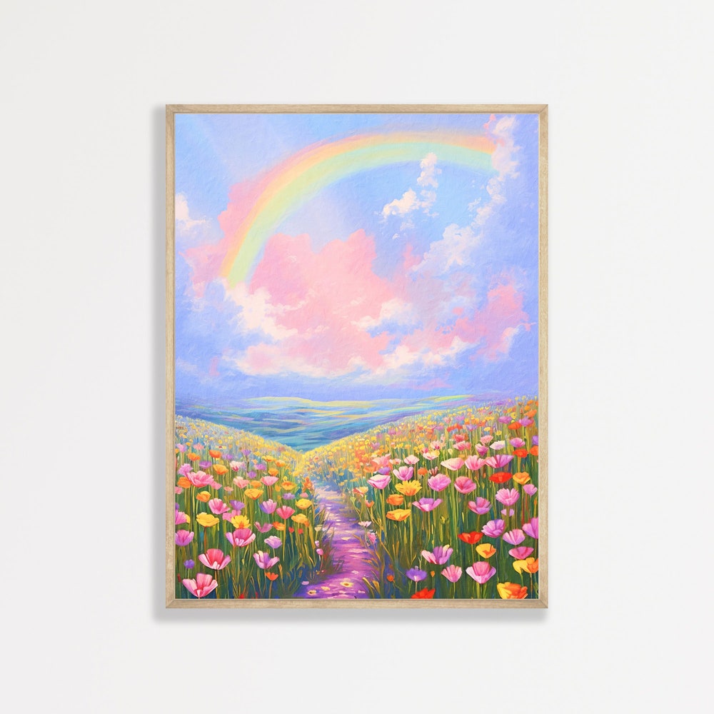 Rainbow Flower Field Painting, Retro Preppy Girls Room Wall Art ...