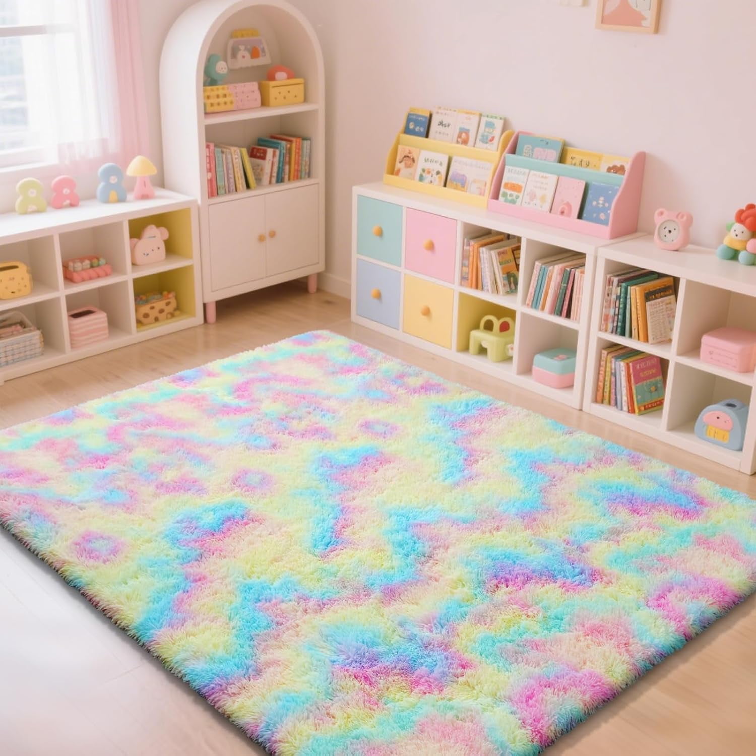 Rainbow Fluffy Rug Shaggy Area Rug, 8x10 Area Rugs for Girls Bedroom ...