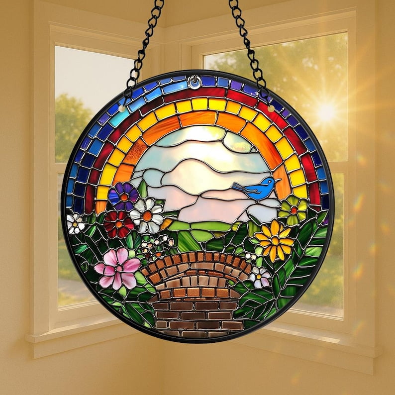 Rainbow Garden Suncatcher | Stained Glass And Acrylic Window Hanging ...