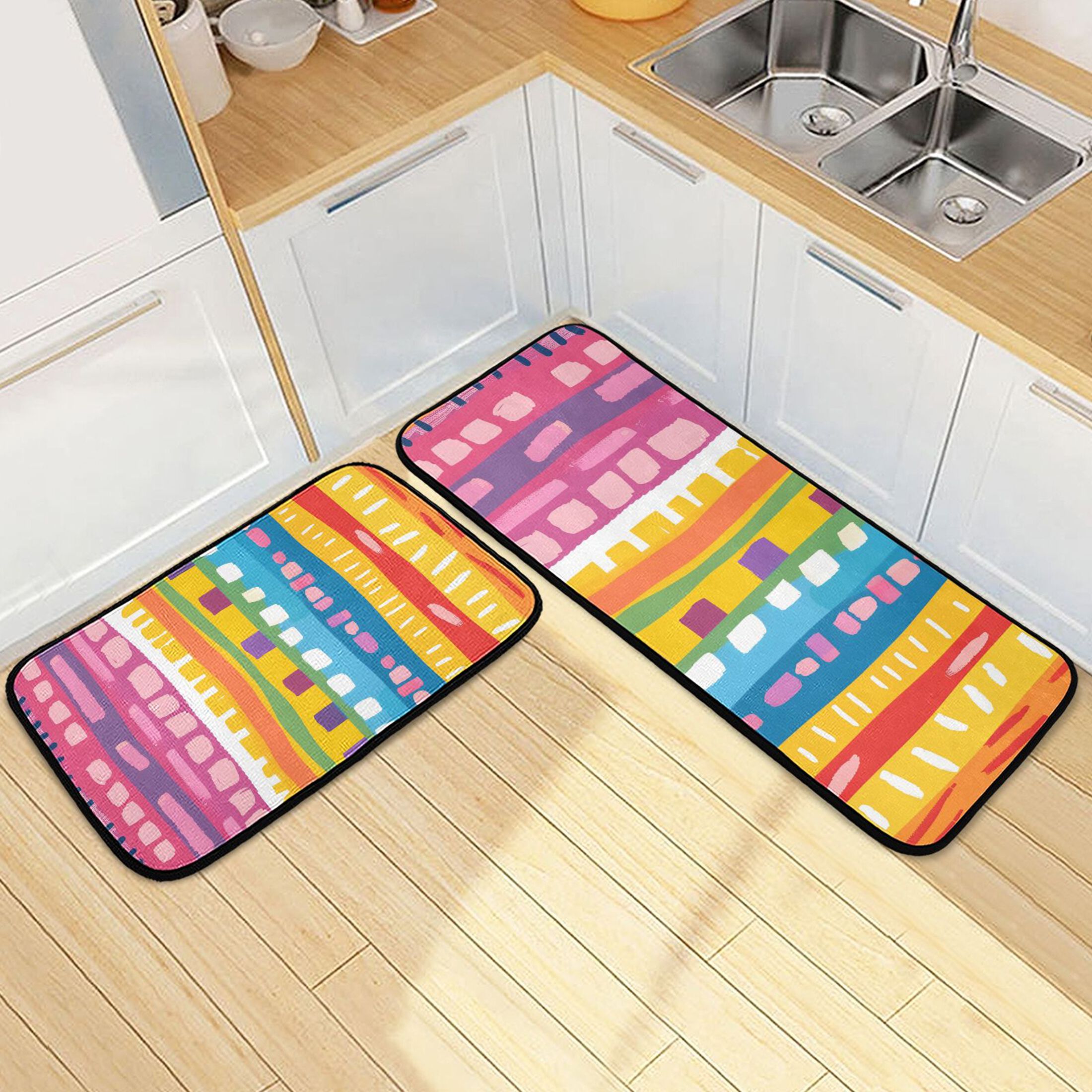 Rainbow Geometric Lines Hand Drawn Flat Cartoon Style Kitchen Rugs Set ...
