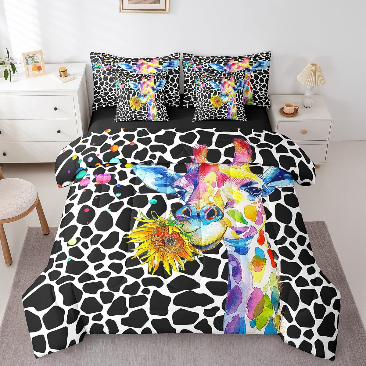 Rainbow Giraffe Bed in a Bag 7pcs Cute Animal Bedding Set, Black and ...