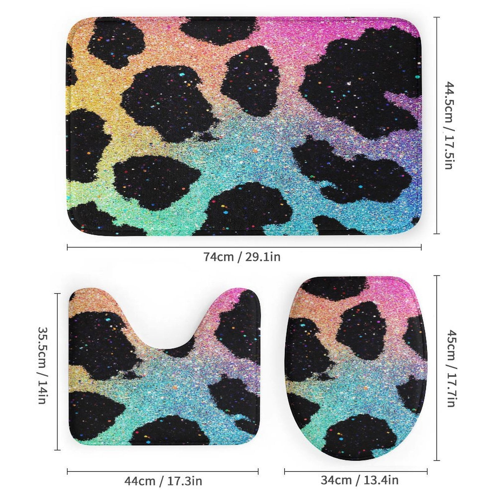 Rainbow Glitter Leopard Print Bathroom Rugs Sets 3 Piece Toilet Lid ...