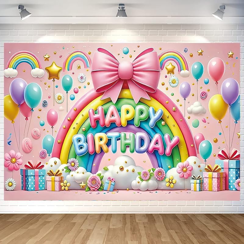 Rainbow Happy Birthday Backdrop Banner Red Gold Photography Background ...