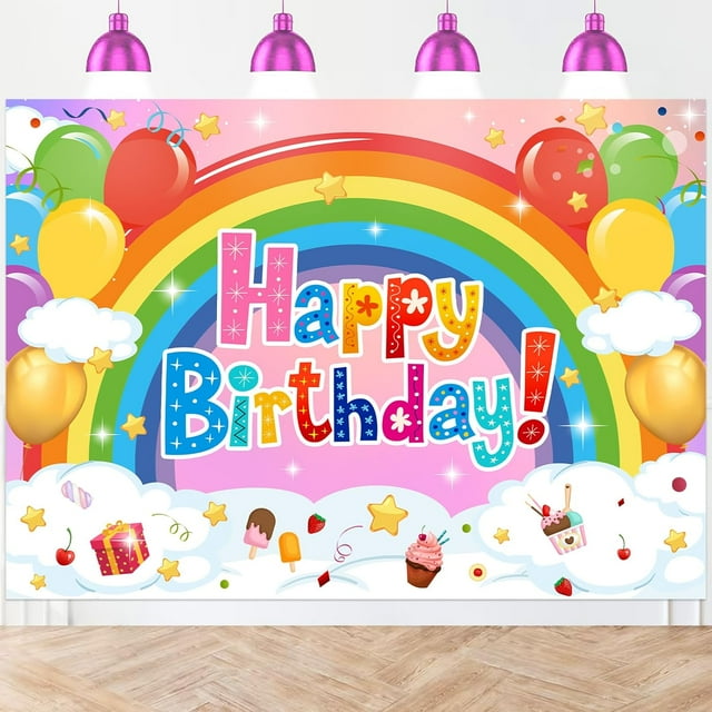 Rainbow Happy Birthday Backdrop Girls Balloons Rainbow Birthday ...