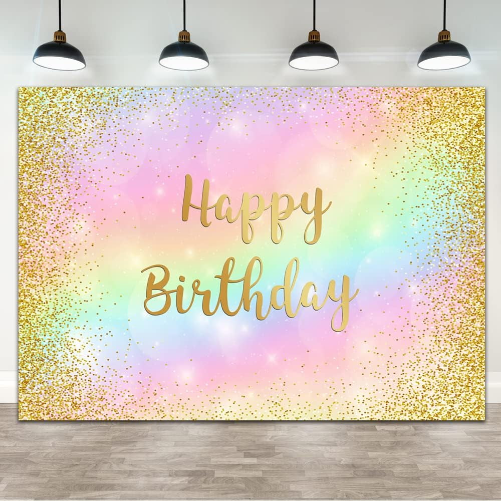 Rainbow Happy Birthday Backdrop Gold Bokeh Girls 1st 2nd Birthday Sweet ...
