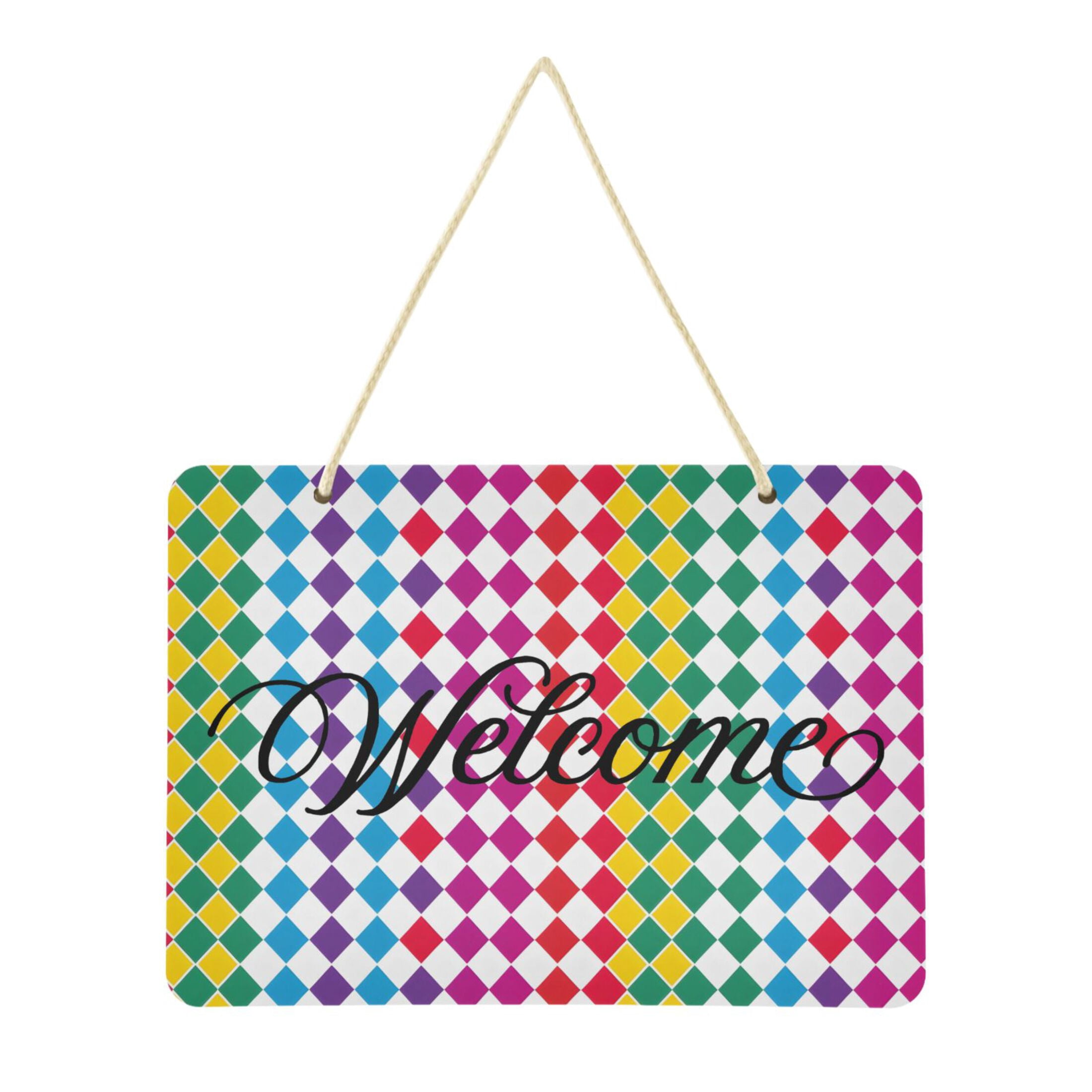 Rainbow Harlequin Squares Welcome Sign Front Door PVC 14x10 inch Hanger ...