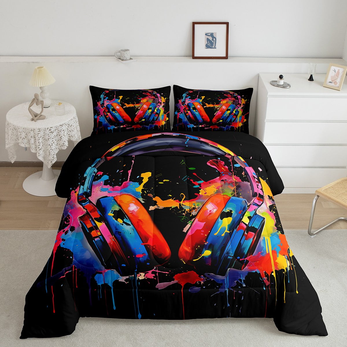 Rainbow Headset King Comforter Set for Kids Teen Watercolor Headphone ...