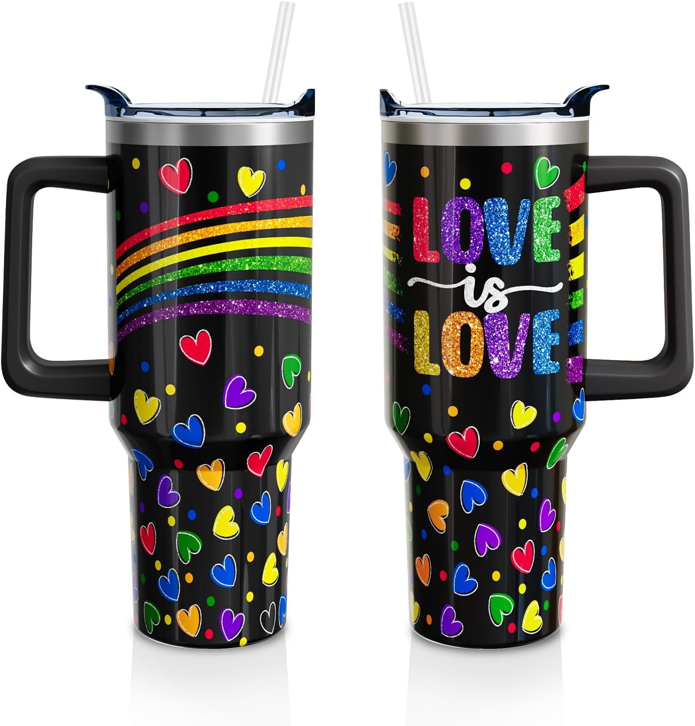 Rainbow Heart Gifts 40 Oz Tumbler with Handle and Straw, Love Is Love ...